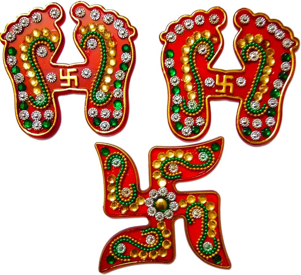 Acrylic Stone Studded Swastik Laxmi Feet Sticker for Floor Decoration ...