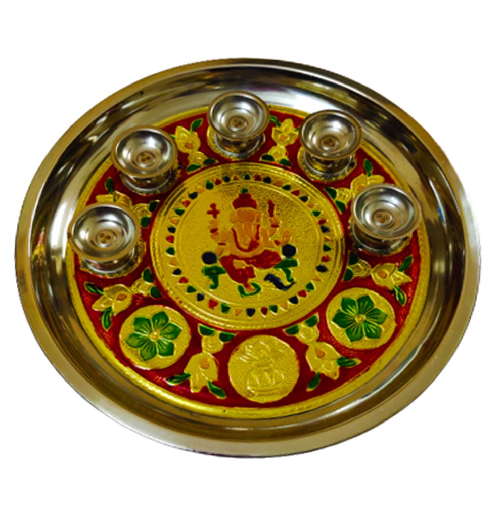 DMS RETAIL Meenakari Design Stainless Steel Puja Thali Set with Deepak ...