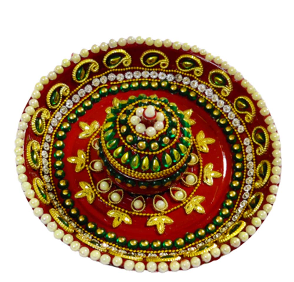 DMS RETAIL Red Decorative Designer Stainless Steel Puja Thali Set with ...