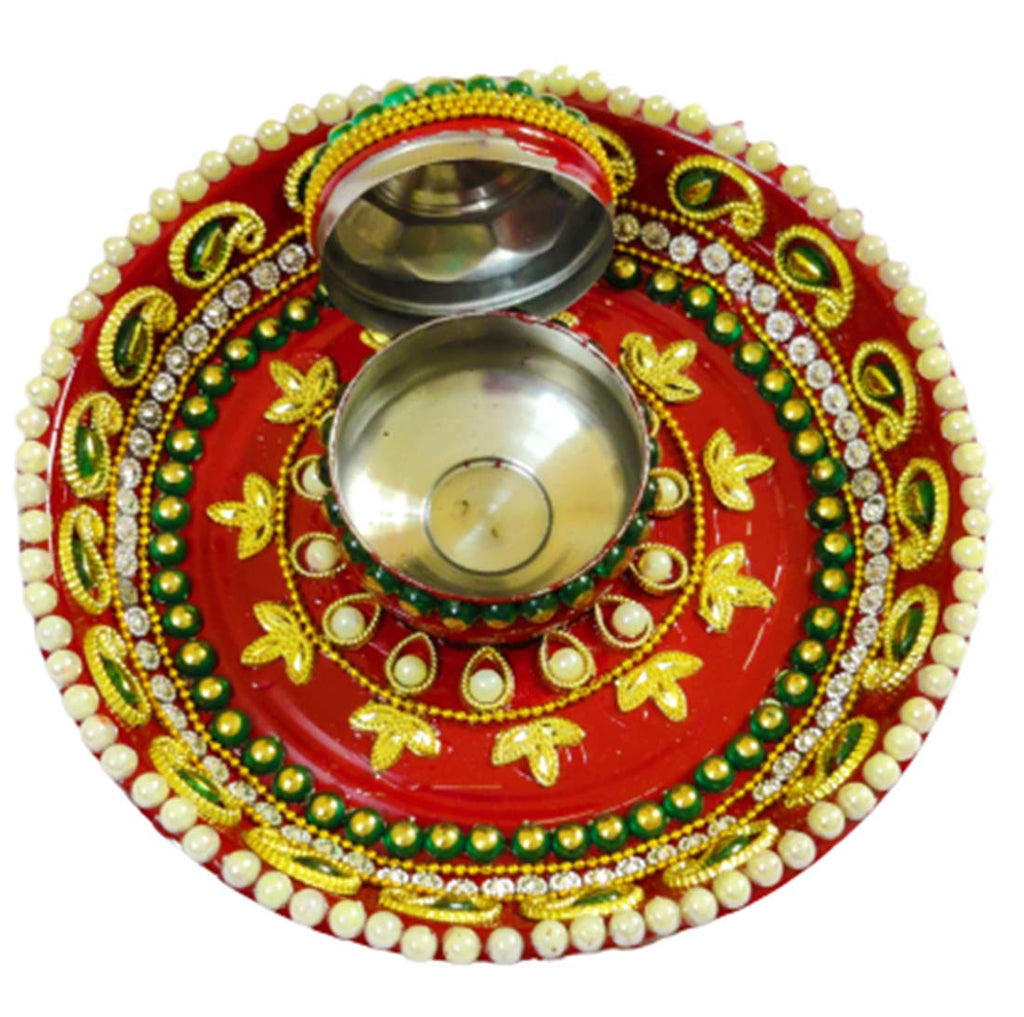DMS RETAIL Red Decorative Designer Stainless Steel Puja Thali Set with ...