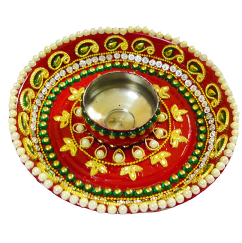 DMS RETAIL Red Decorative Designer Stainless Steel Puja Thali Set with ...