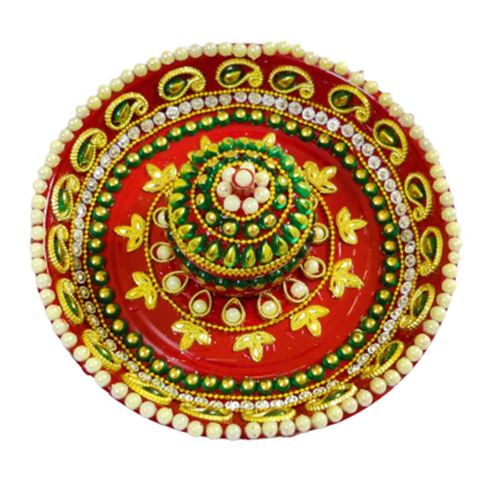 DMS RETAIL Red Decorative Designer Stainless Steel Puja Thali Set with ...
